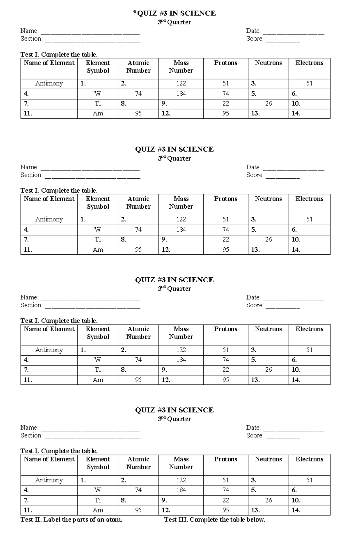 3rd Quarter Quiz in Science: Element Table Completion - Studocu