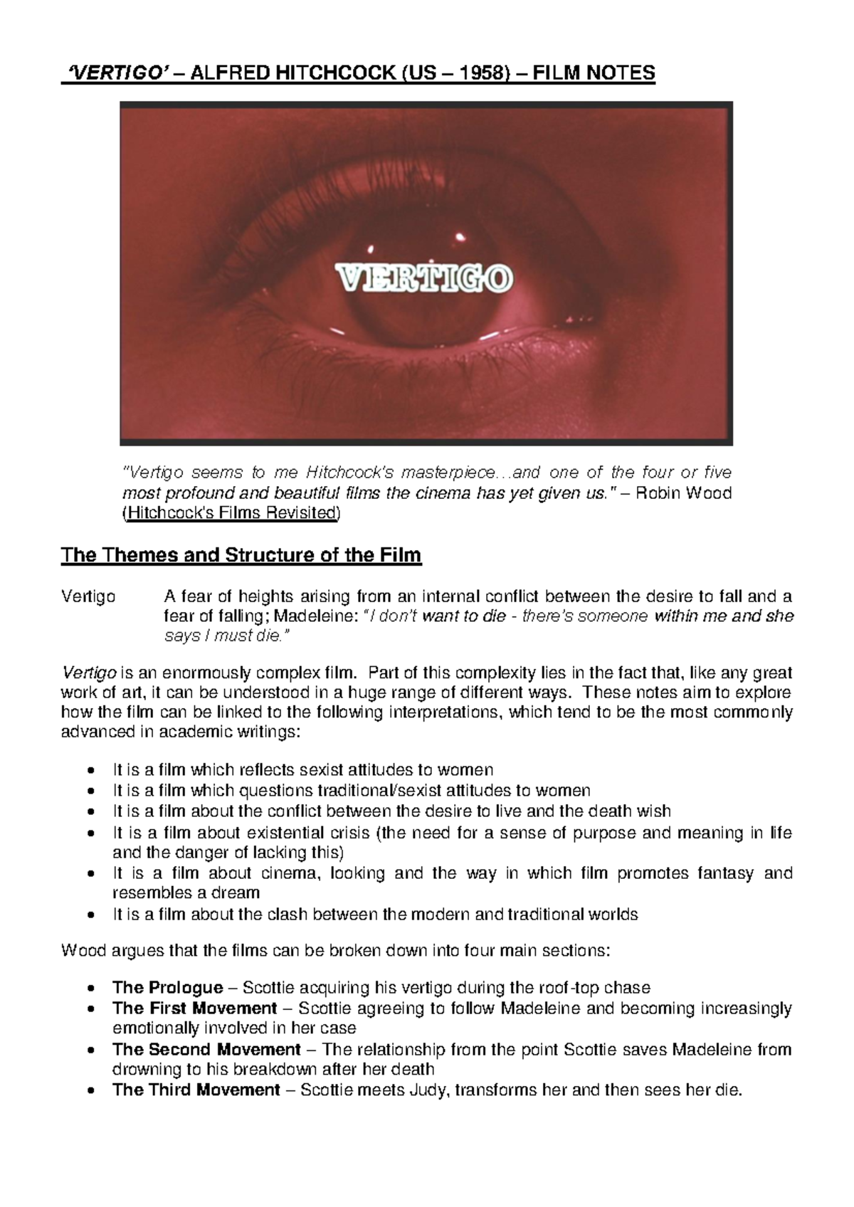 Hitchcock's Vertigo: A Critical Analysis of Themes and Structure - Studocu