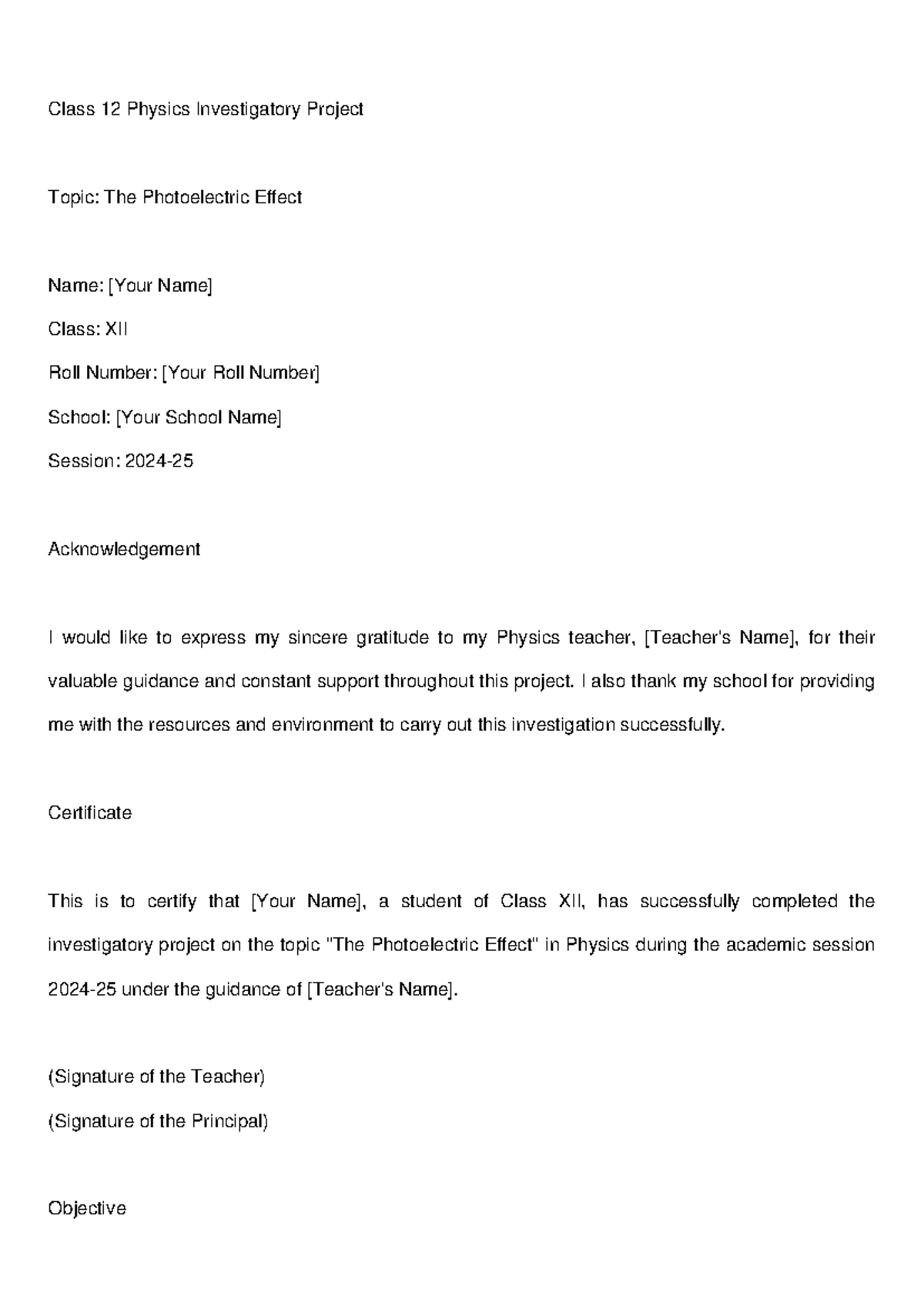 Class XII Physics Investigatory Project: The Photoelectric Effect - Studocu