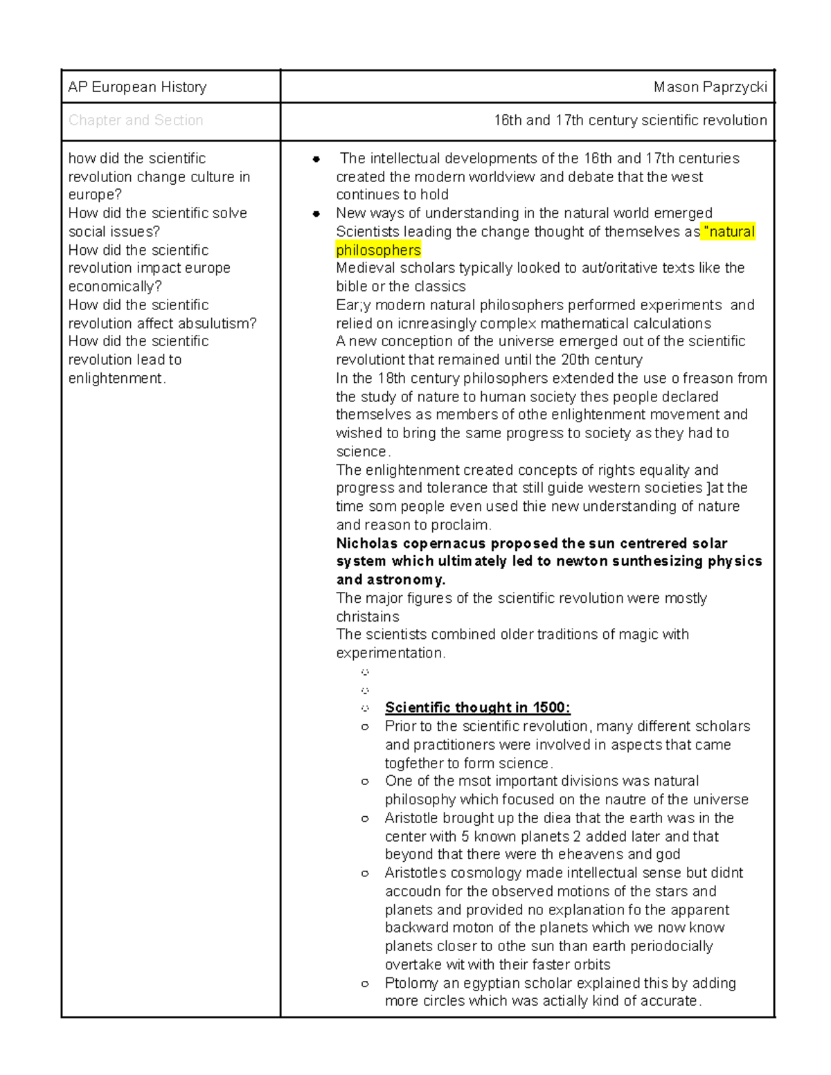 AP EURO Chapter 16: Scientific Revolution Cornell Notes - Studocu