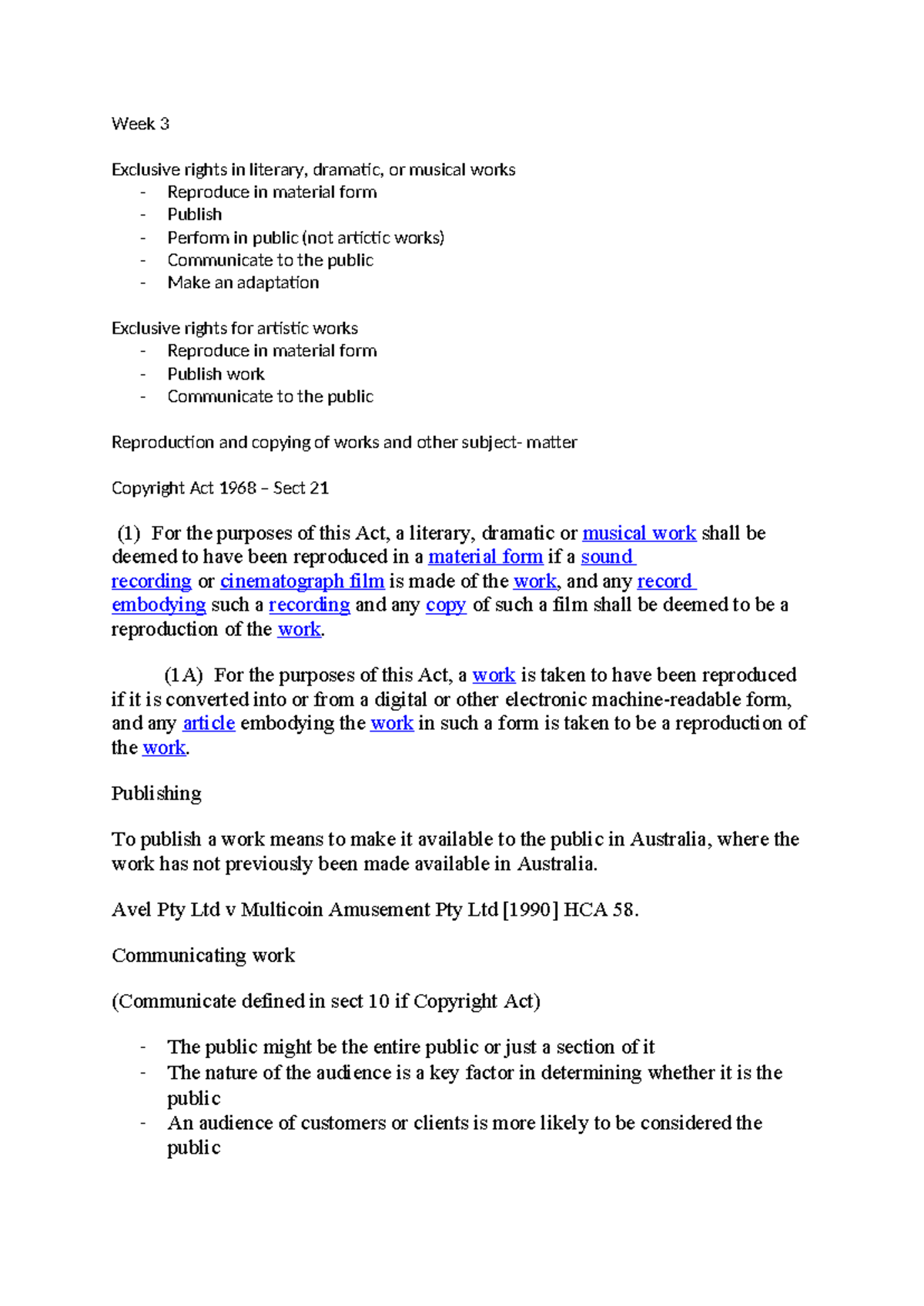 Week 3 Lecture Notes: Exclusive Rights in Copyright Law - Studocu