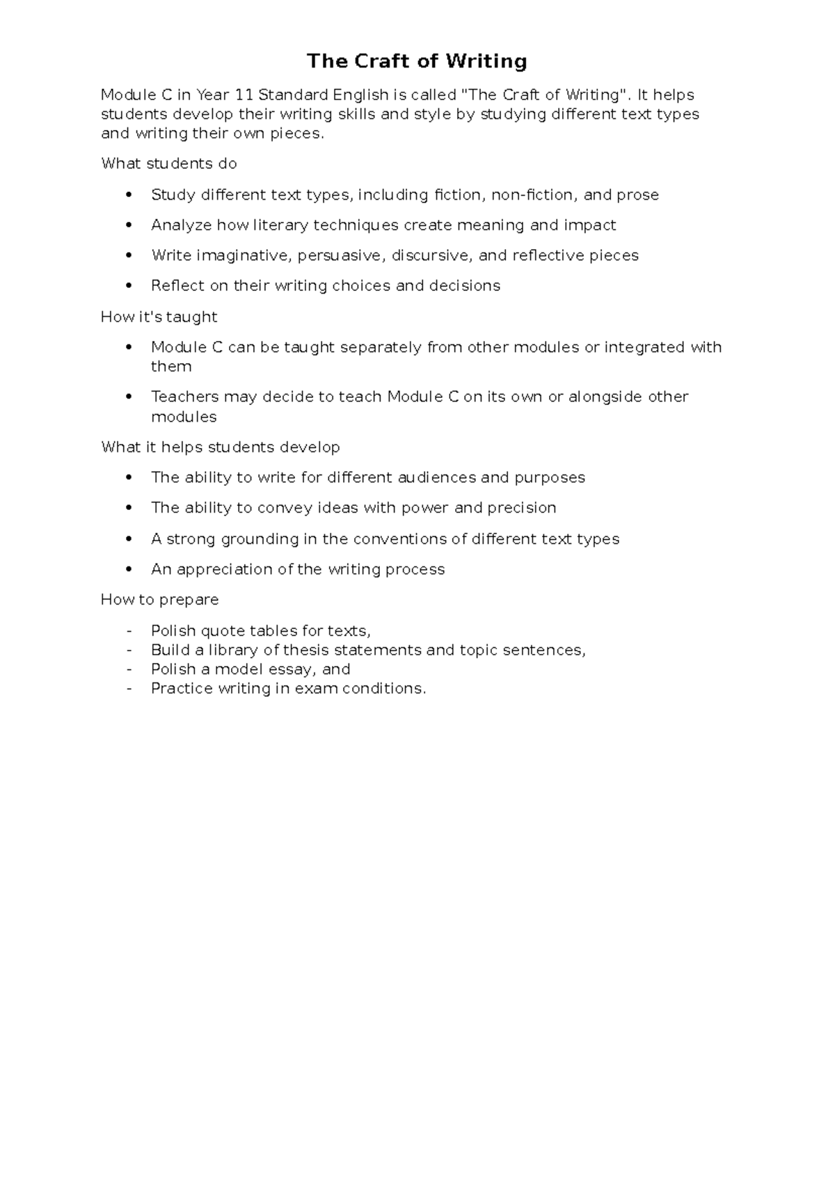 Module C: The Craft of Writing - Year 11 Standard English Guide - Studocu