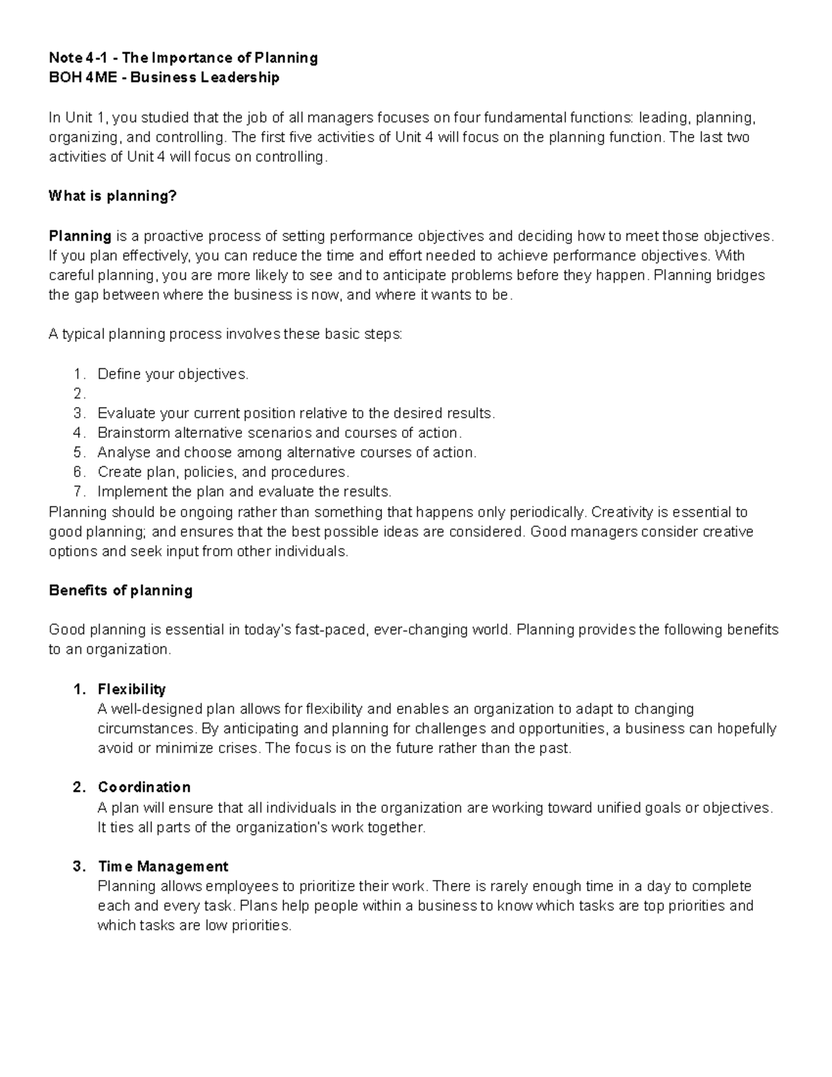BOH 4ME - Note 4-1: Exploring the Importance of Effective Planning ...
