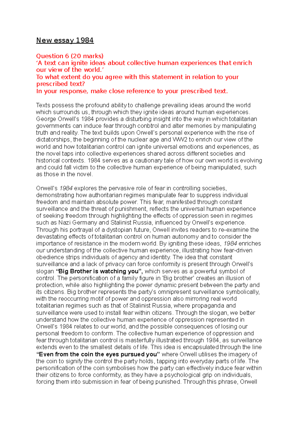 Essay Notes: 1984 Question 6 Analysis on Collective Human Experiences ...