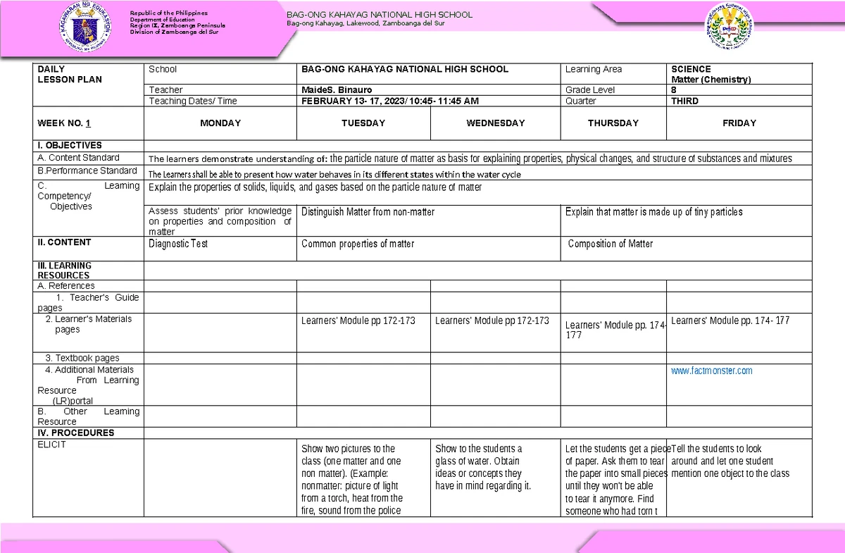 Grade 8 Science Daily Lesson Plan - Week 1 (May 2023) - Studocu
