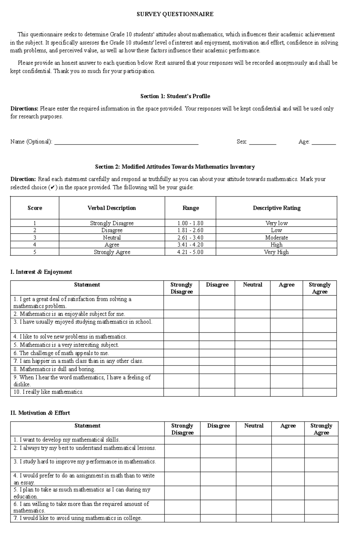 Grade 10 Math Attitudes Survey Questionnaire - Studocu