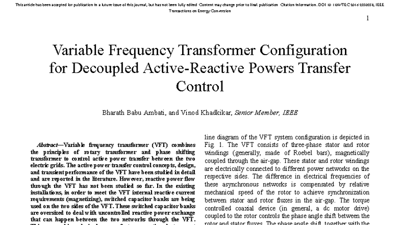 Variable Frequency Transformer (VFT) Configuration for Reactive Power ...