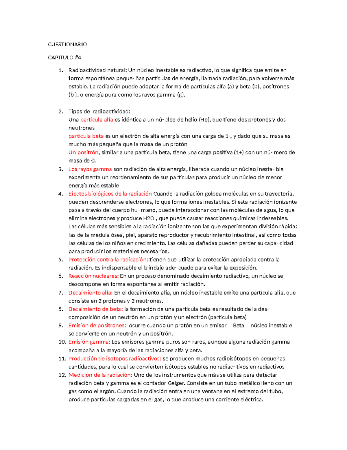 Cuestionario quimica - resumen - CUESTIONARIO CAPITULO Radioactividad ...