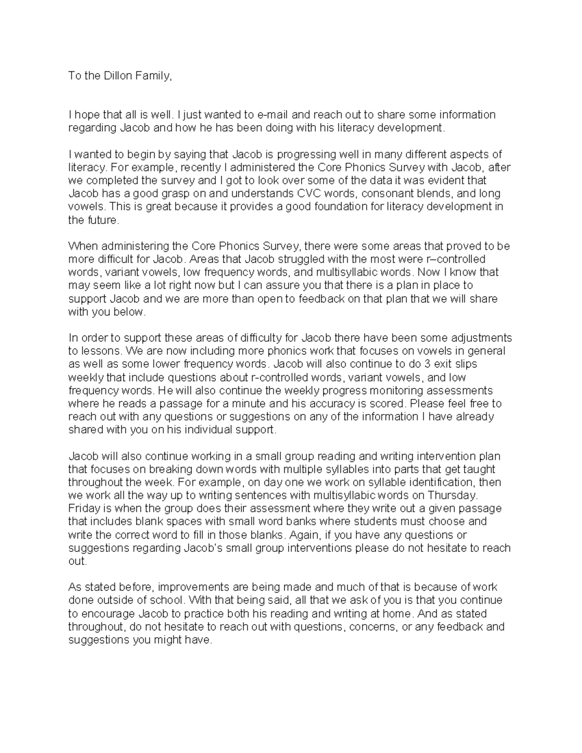D697 Task 1: Home Letter on Jacob's Literacy Progress - Studocu