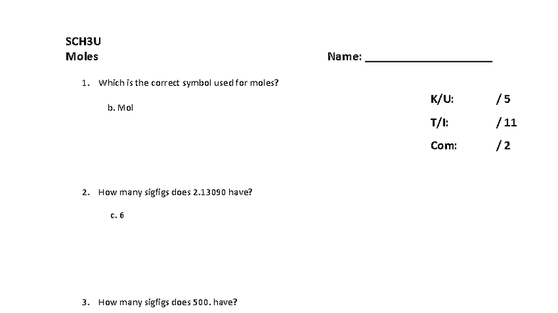 SCH3U Moles Quiz - Practice Questions and Answers - Studocu
