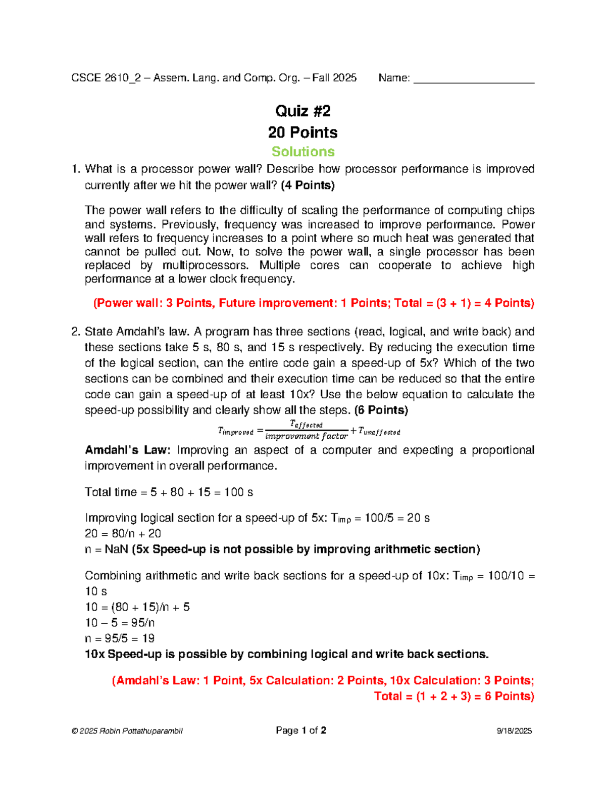 CSCE 2610_2 – Assem. Lang. & Comp. Org. Quiz 20 Points Solutions - Studocu