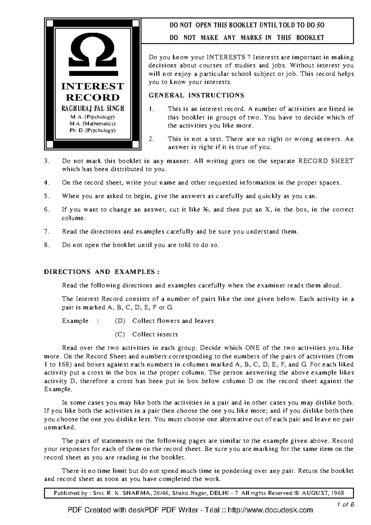 Interest Record Questionnaire: Discovering Your Preferences - Studocu