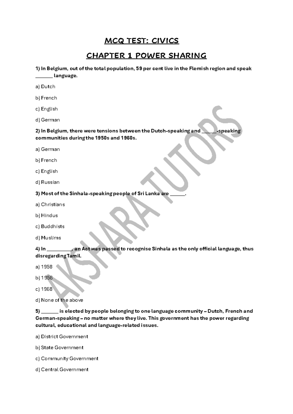 MCQ TEST: CIVICS CH 1 - POWER SHARING & SOCIAL GROUPS - Studocu