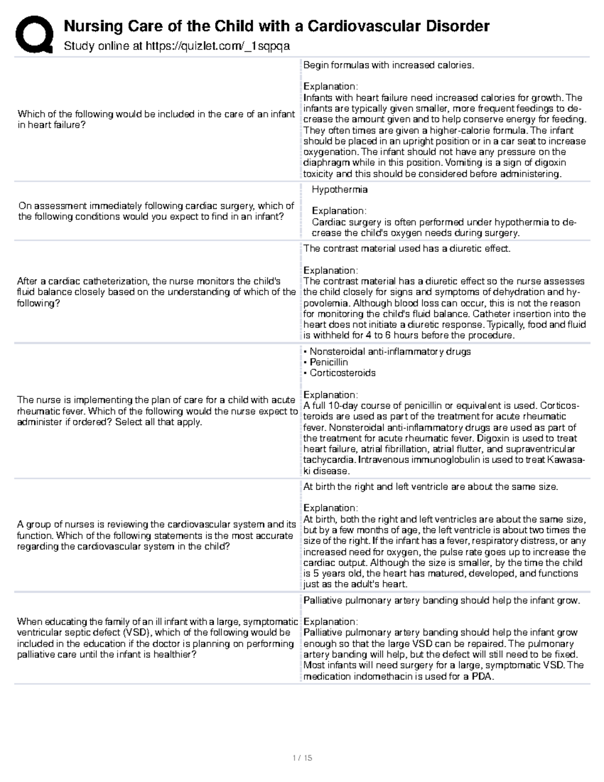Nursing Care for Pediatric Cardiovascular Disorders (NUR 302) Final ...