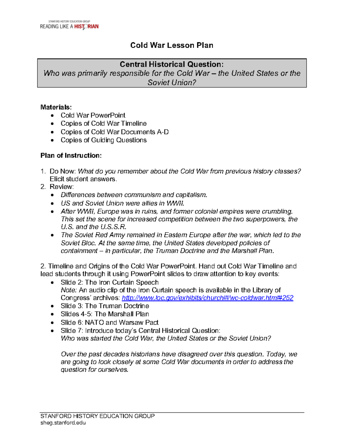 Cold War Lesson Plan Materials - Central Question: Who Was Responsible ...