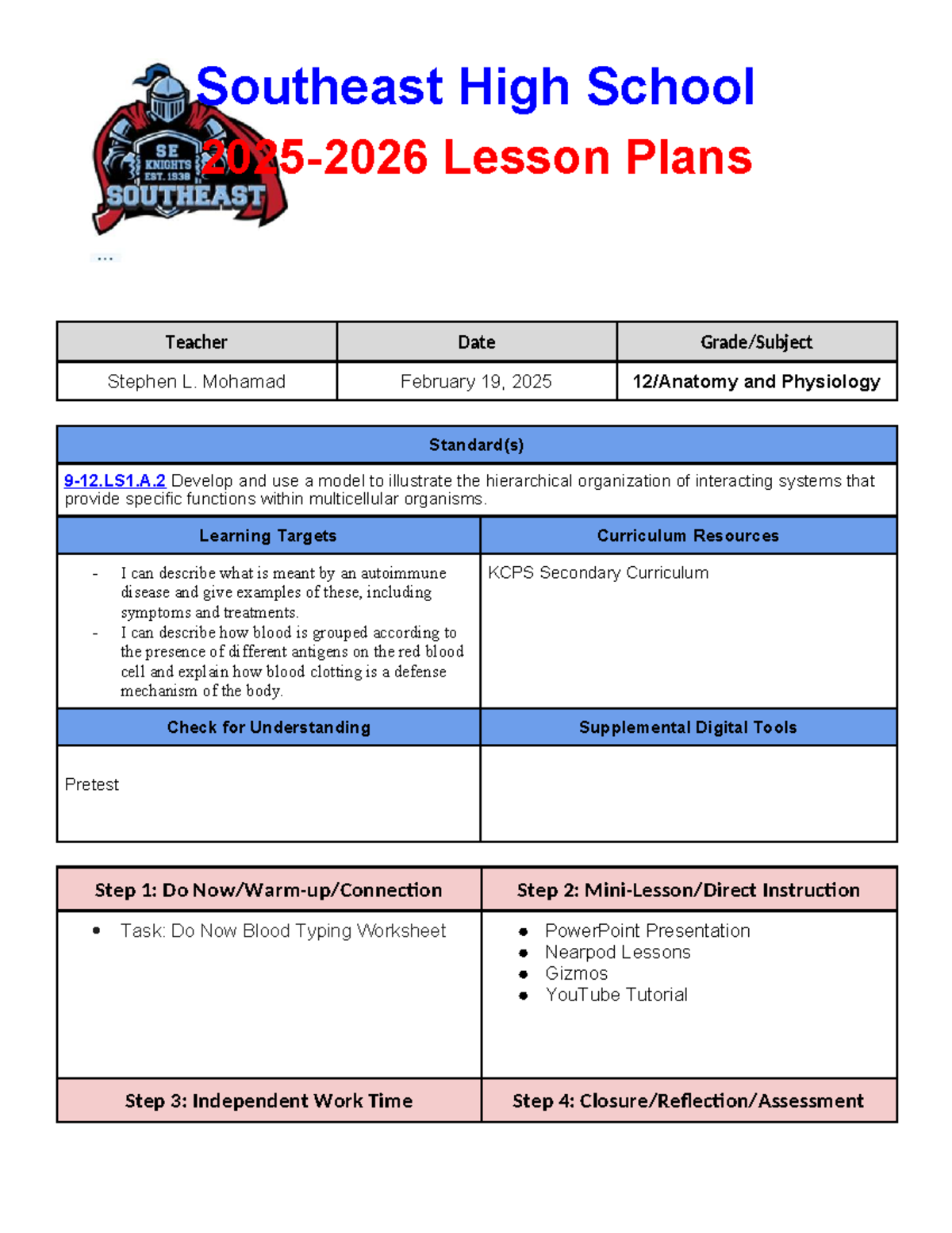 SEHS Anatomy & Physiology Lesson Plan - Feb 19, 2025 - Studocu