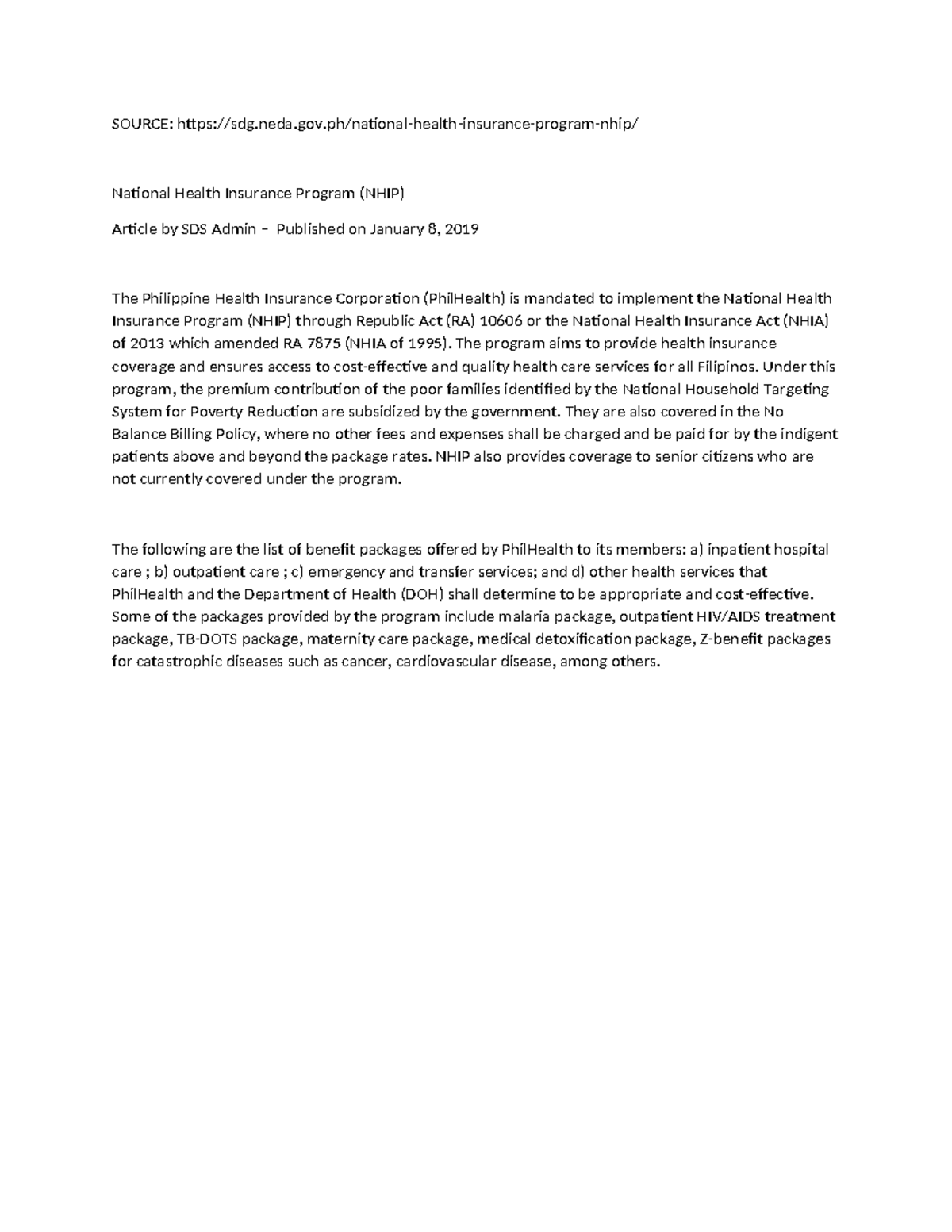 NHIP - Overview of the National Health Insurance Program Benefits - Studocu