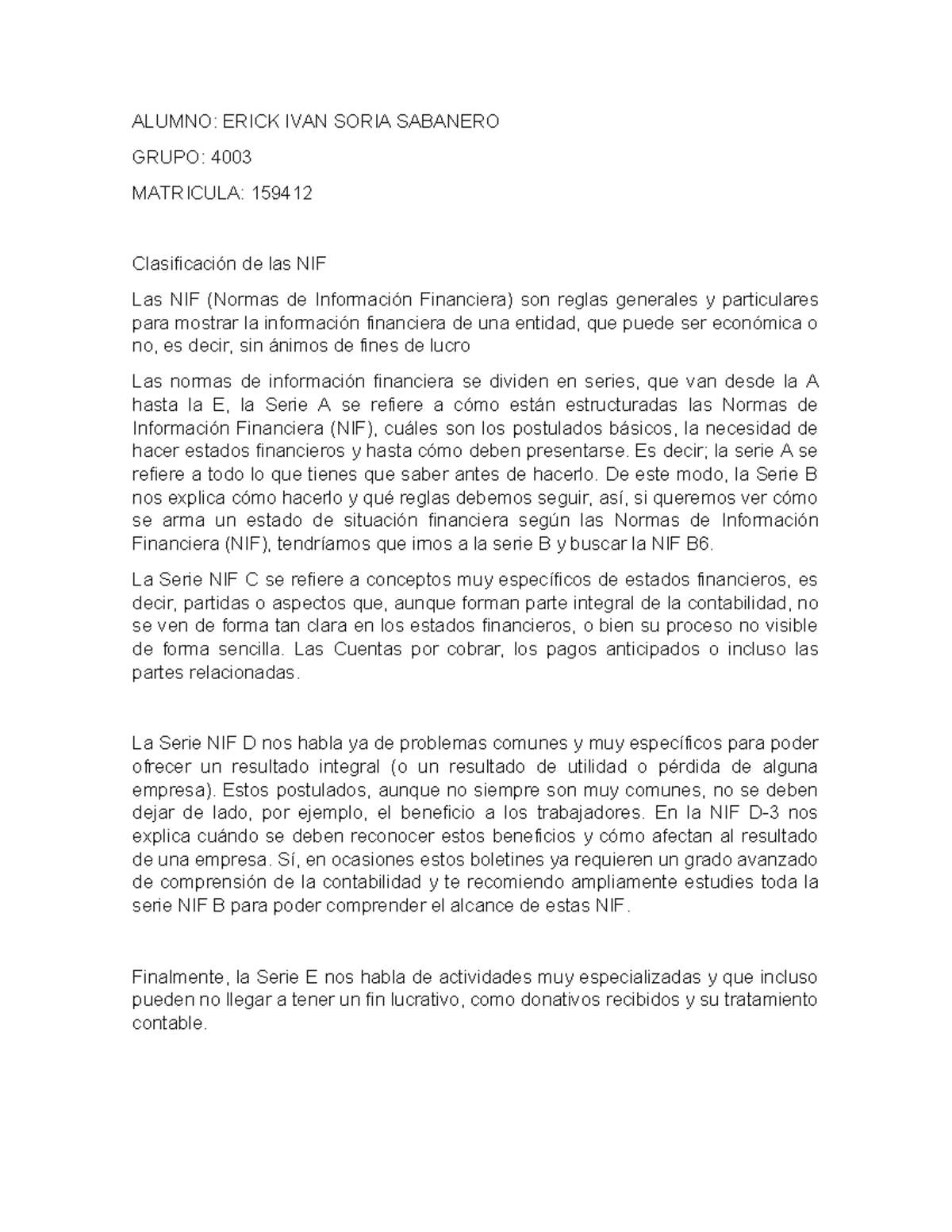 Clasificacion DE LAS Normas DE Informacion Financera MURO - ALUMNO ...