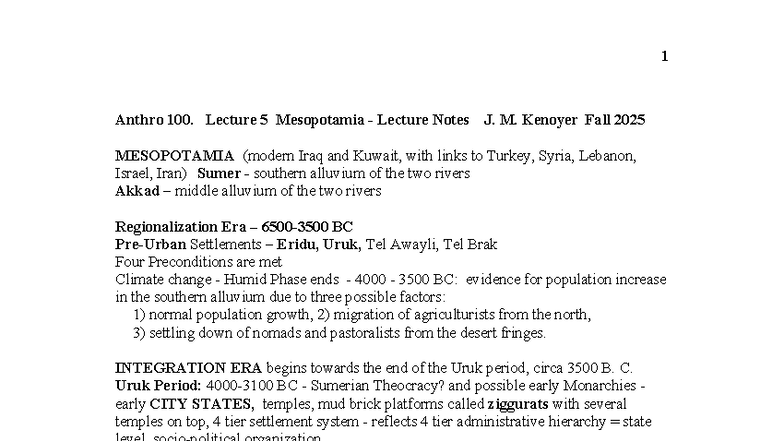 Anthro 100: Lecture 5 - Overview of Mesopotamia Concepts - Studocu