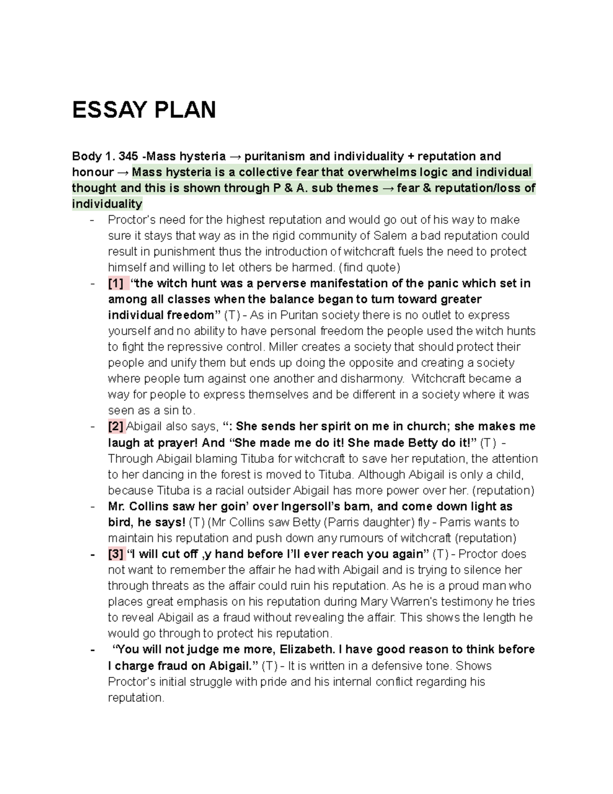 Crucible Essay Plan: Exploring Hysteria, Reputation, and Individuality ...