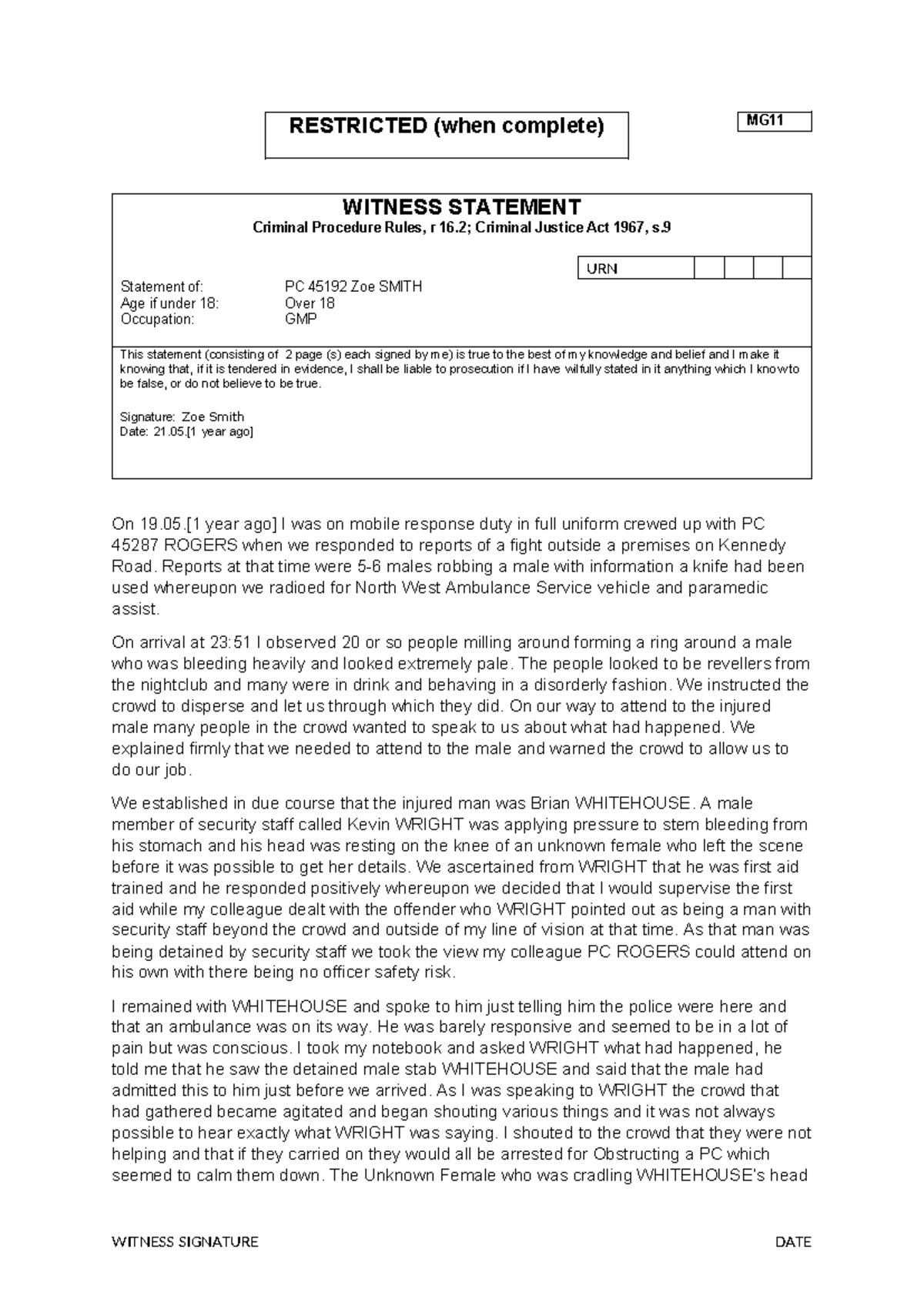 MG11 Witness Statement - Incident Report by PC Zoe Smith (BTC Crime W1 ...