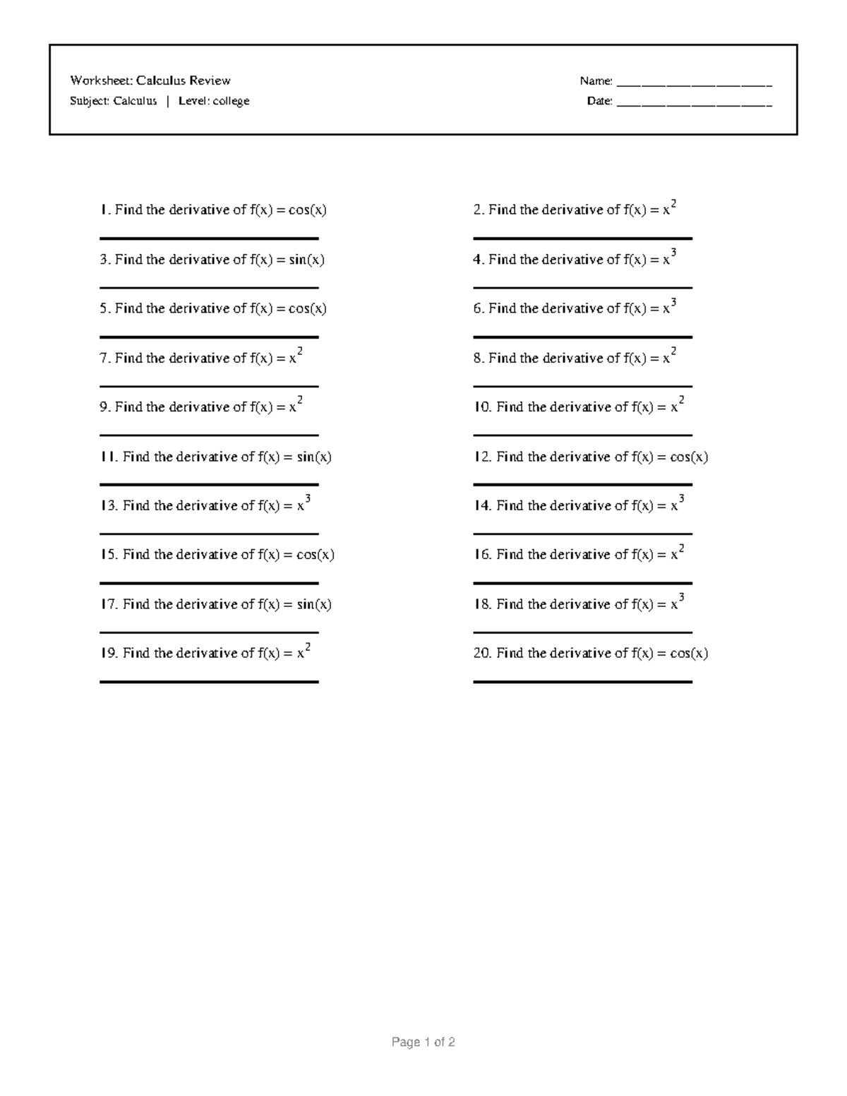 Calculus 101: Derivative Worksheet Review - Studocu