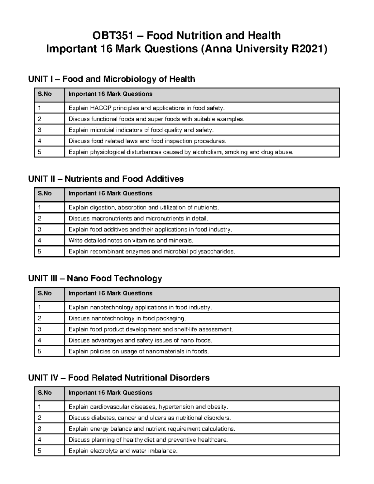 OBT351 Important 16 Mark Questions on Food Nutrition & Health - Studocu