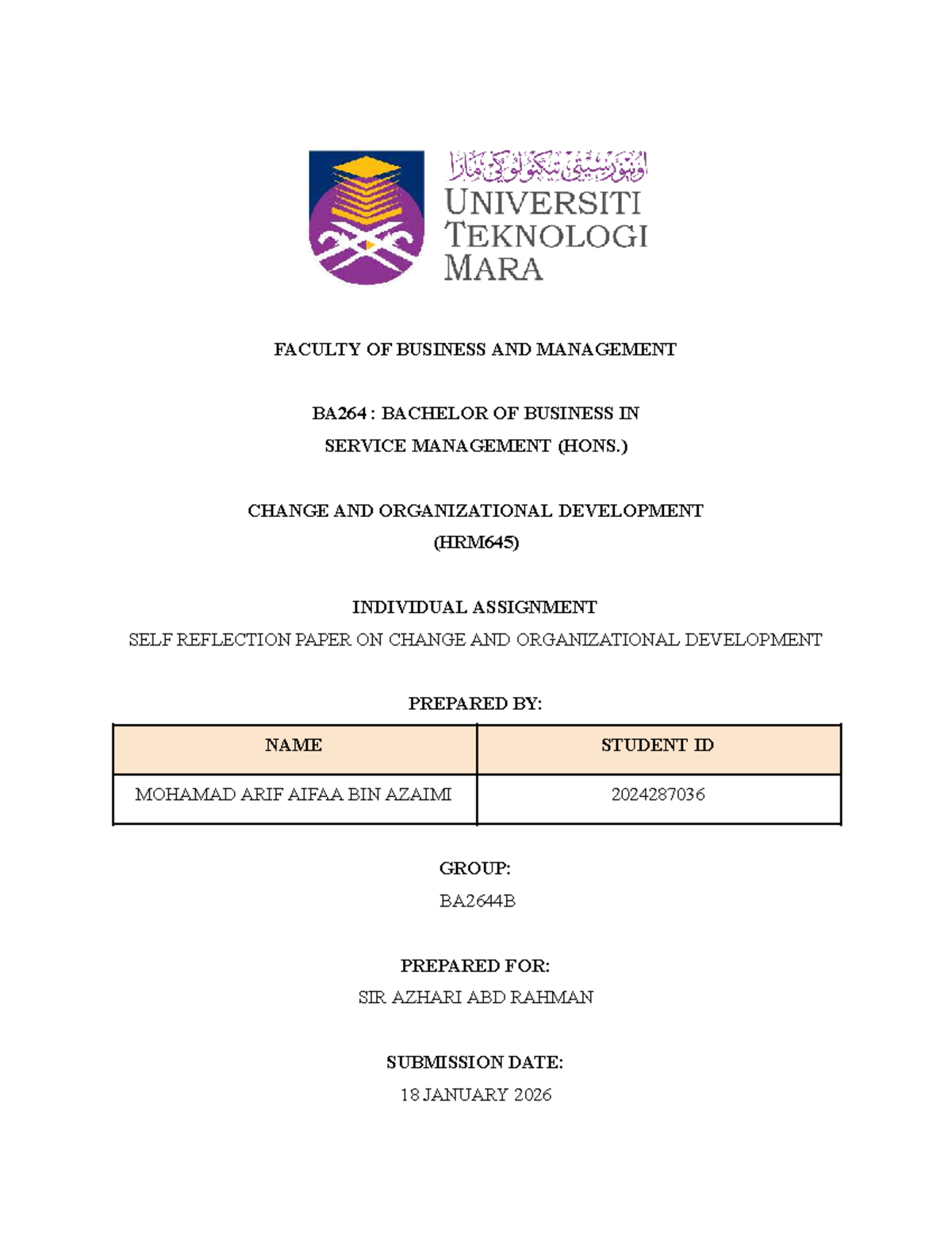 BA264: Self Reflection on Change & Organizational Development (HRM645 ...