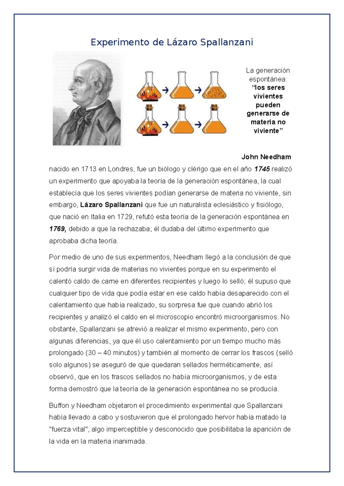 Experimento de Lázaro Spallanzani sobre Generación Espontánea - Studocu
