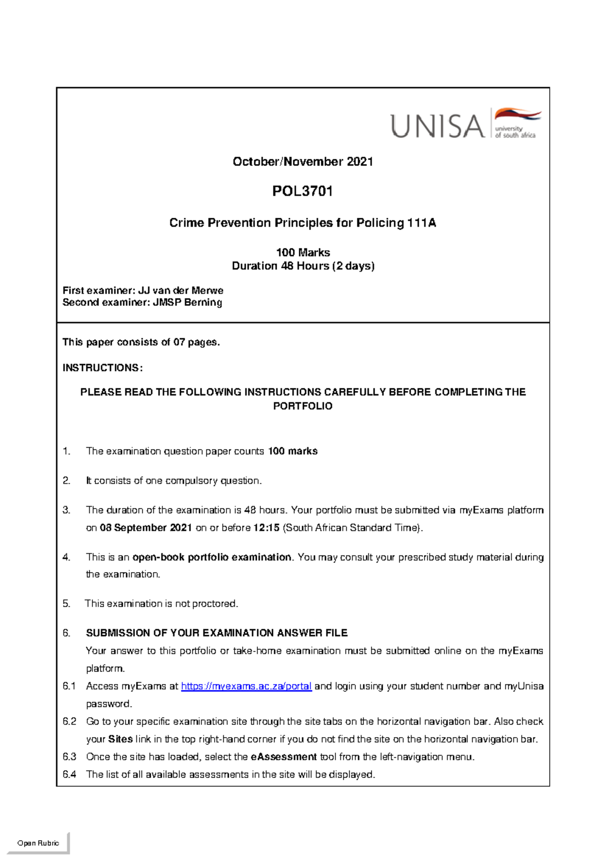 POL3701 - Final Exam Portfolio on Crime Prevention Principles - Studocu