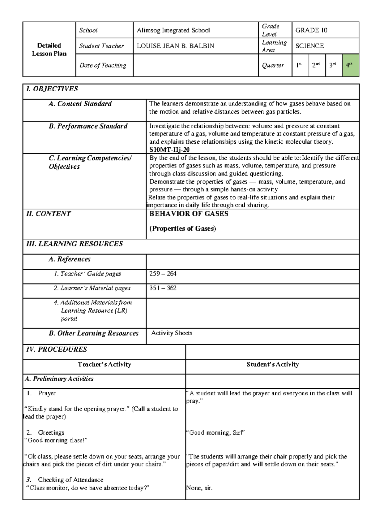 Final DLP: Behavior of Gases for Grade 10 Science (090724) - Studocu