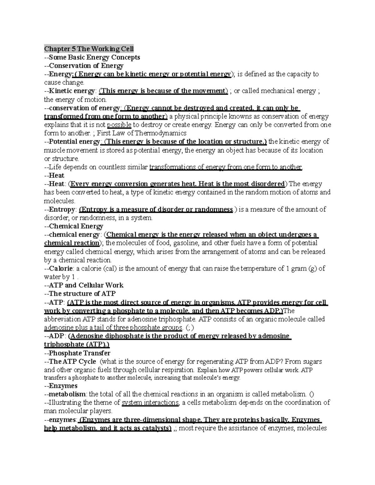 Chapter 5: The Working Cell Notes - Energy Concepts & Transport - Studocu