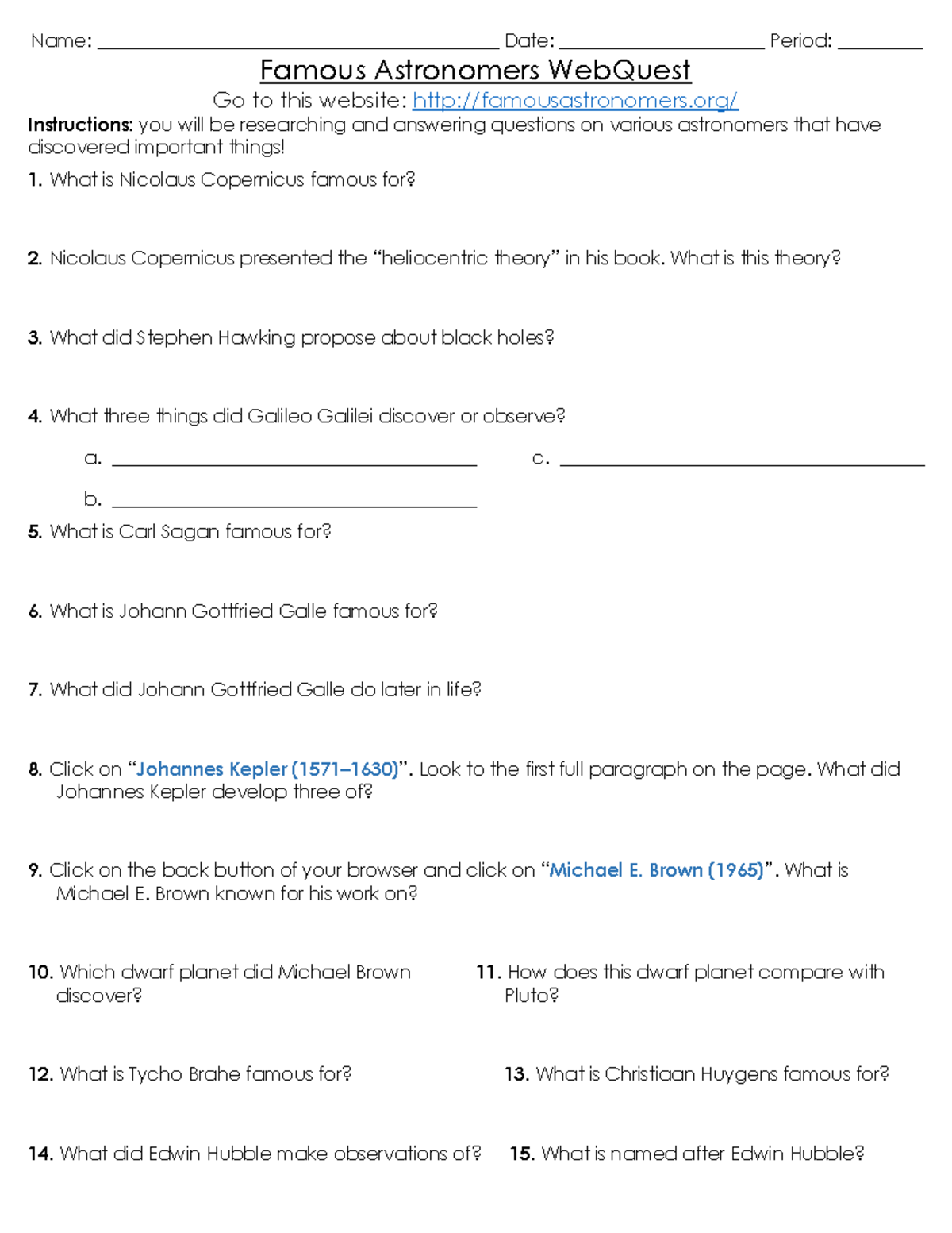 Famous Astronomers Web Quest-1: Research & Discoveries - Studocu