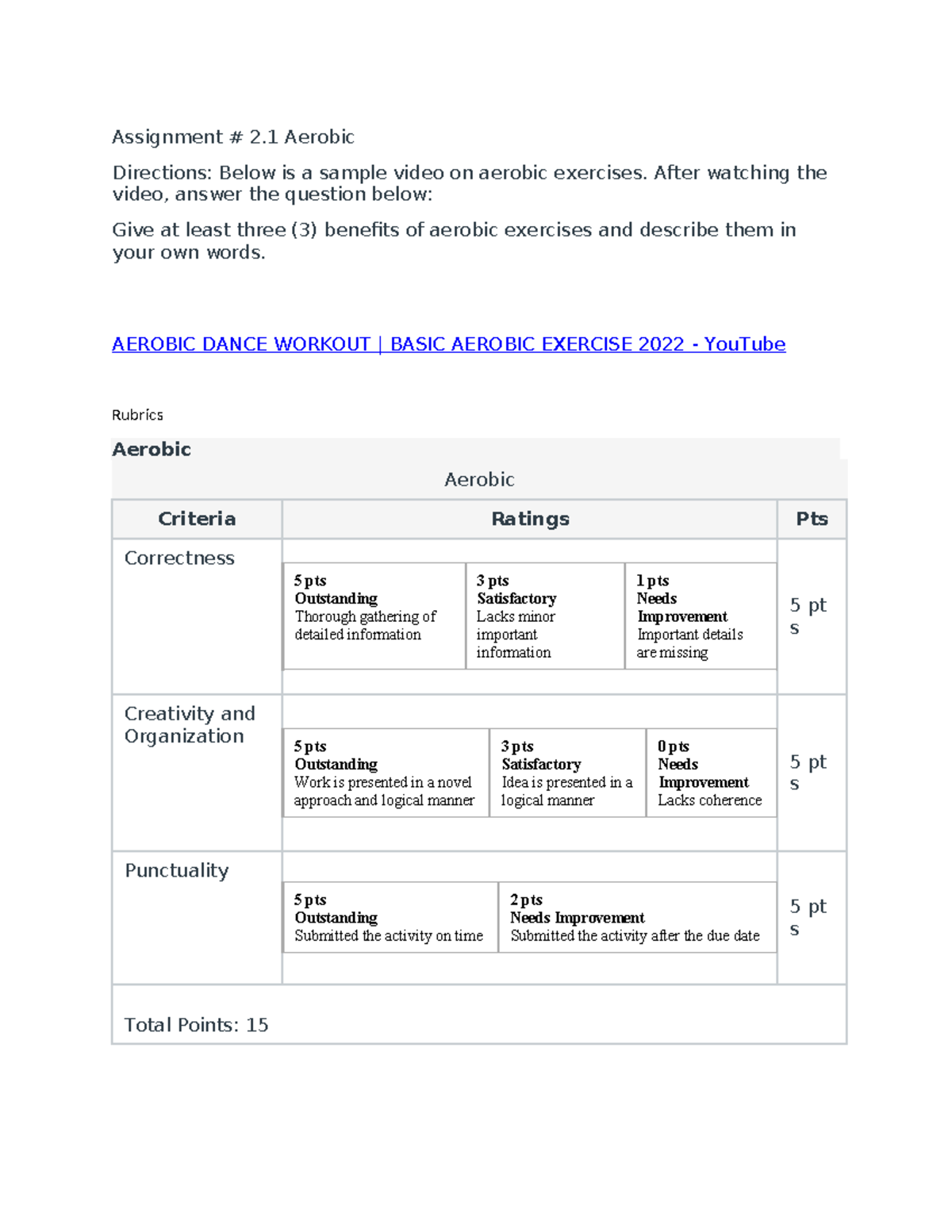 Assignment 2.1: Benefits of Aerobic Exercises and Evaluation Rubric ...