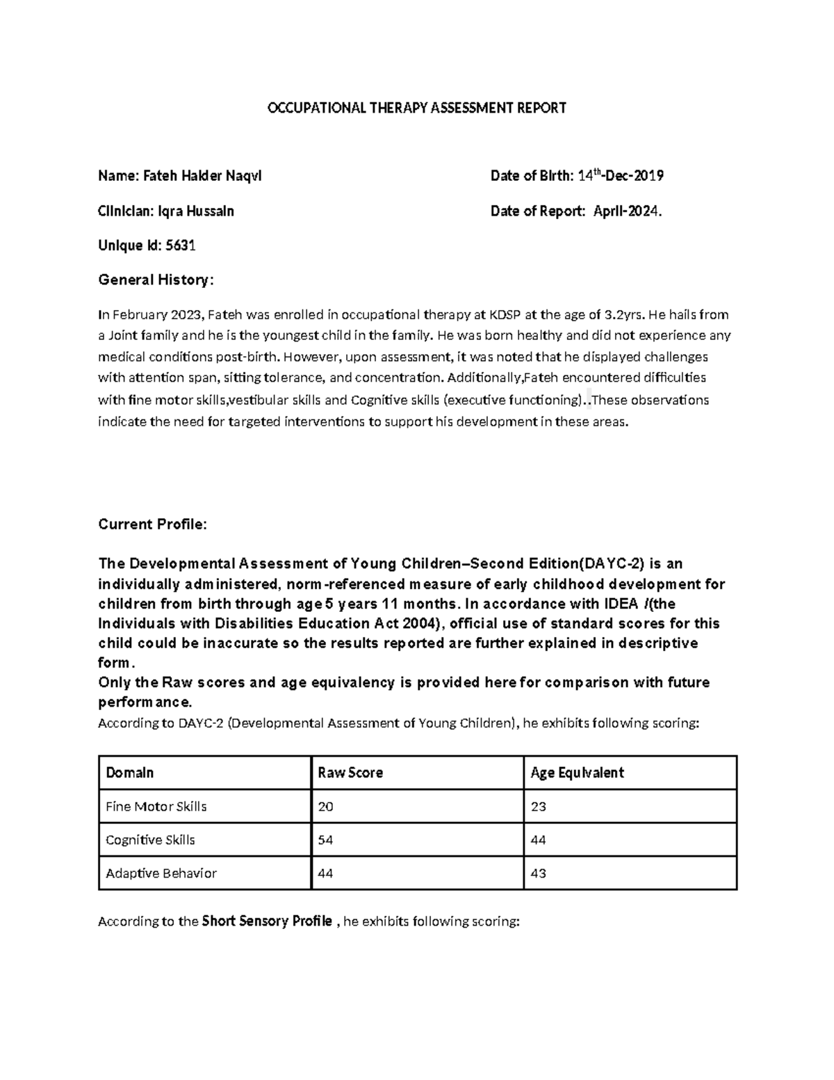 OCCUPATIONAL THERAPY ASSESSMENT REPORT - Fateh Naqvi (ID: 5631) - Studocu