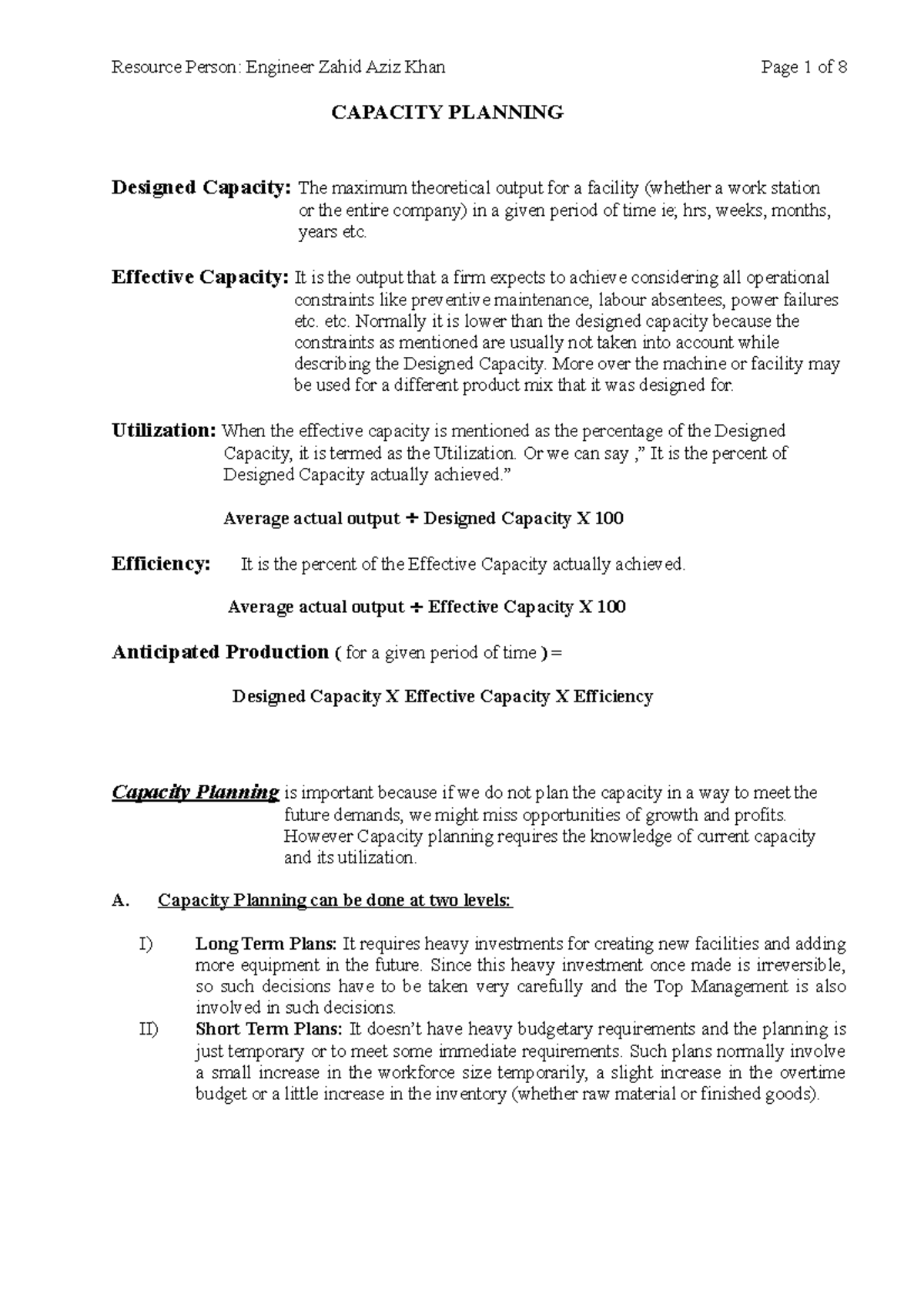 Capacity Planning Chapter Notes (Course Code: CAP-PLN) - Studocu