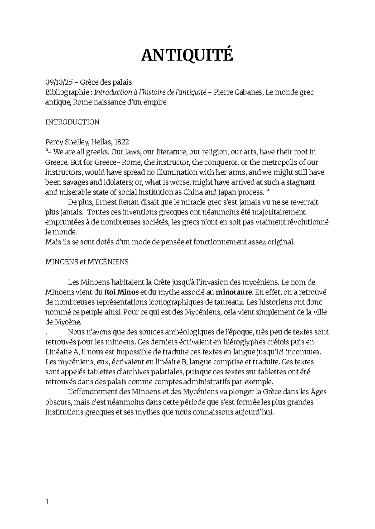 Cours Antique 1 - ANTIQUITÉ 09/10/25 - Grèce des palais Bibliographie ...