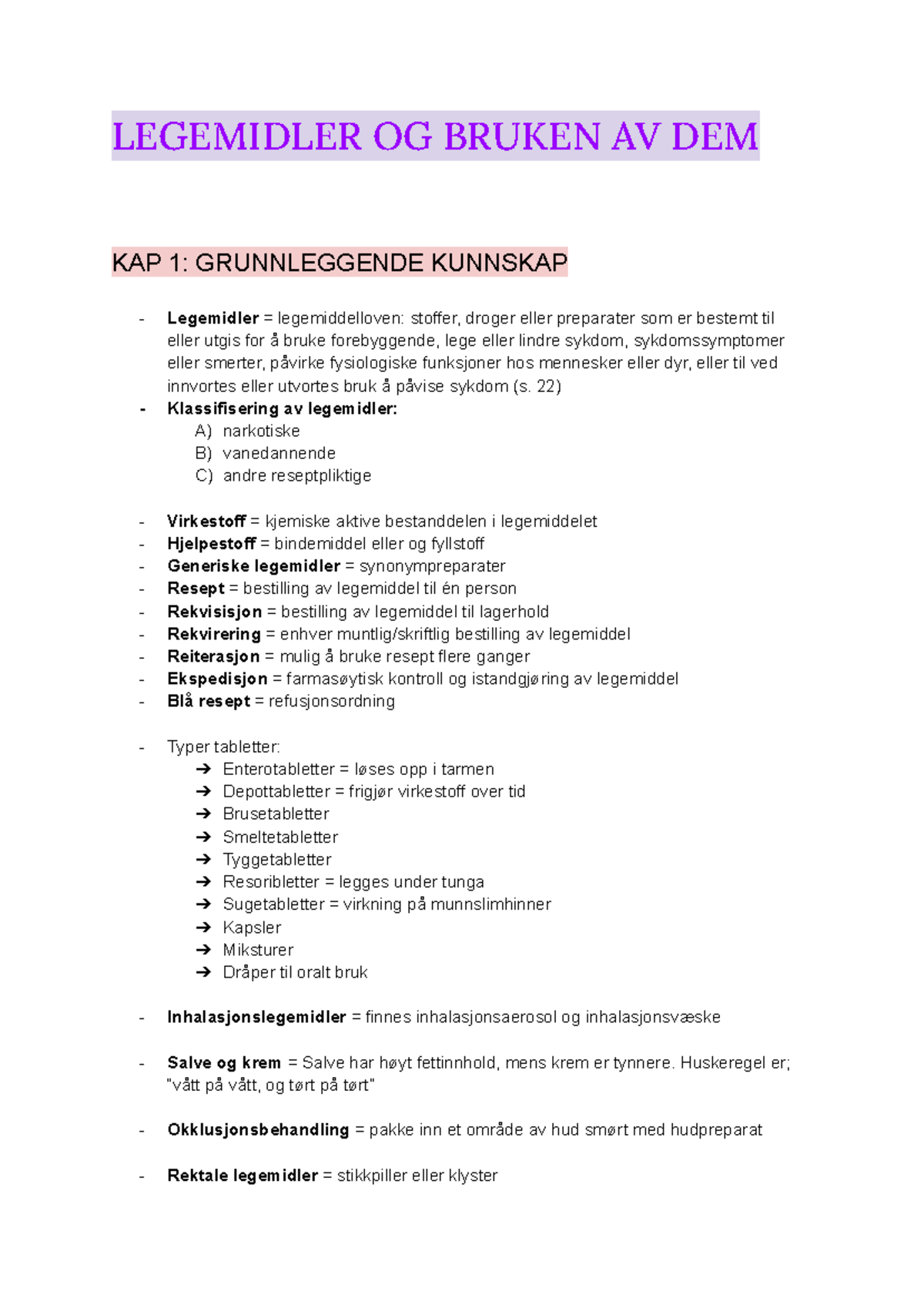 Legemidler og deres Bruk: En Omfattende Guide (Kurskode: 123) - Studocu