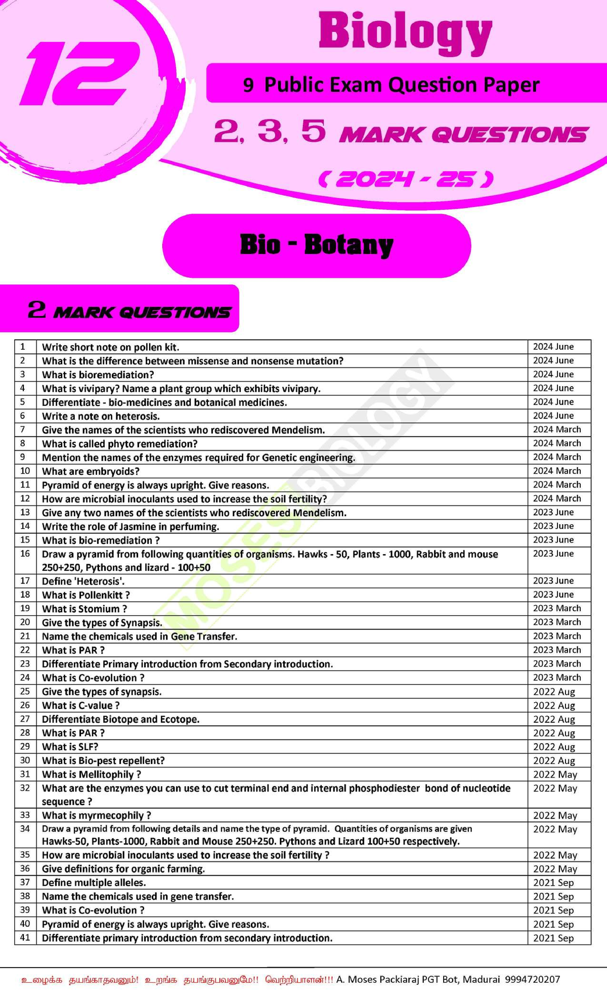 Biology 12 9 Public Exam Question Paper 2, 3, 5 MARK QUESTIONS 2024 ...