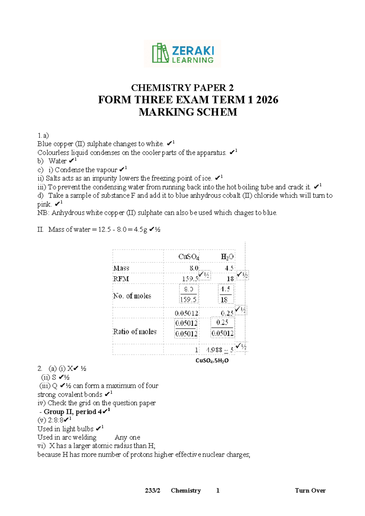 Chemistry 2 - Form Three Term 1 Exam Marking Scheme 2026 - Studocu