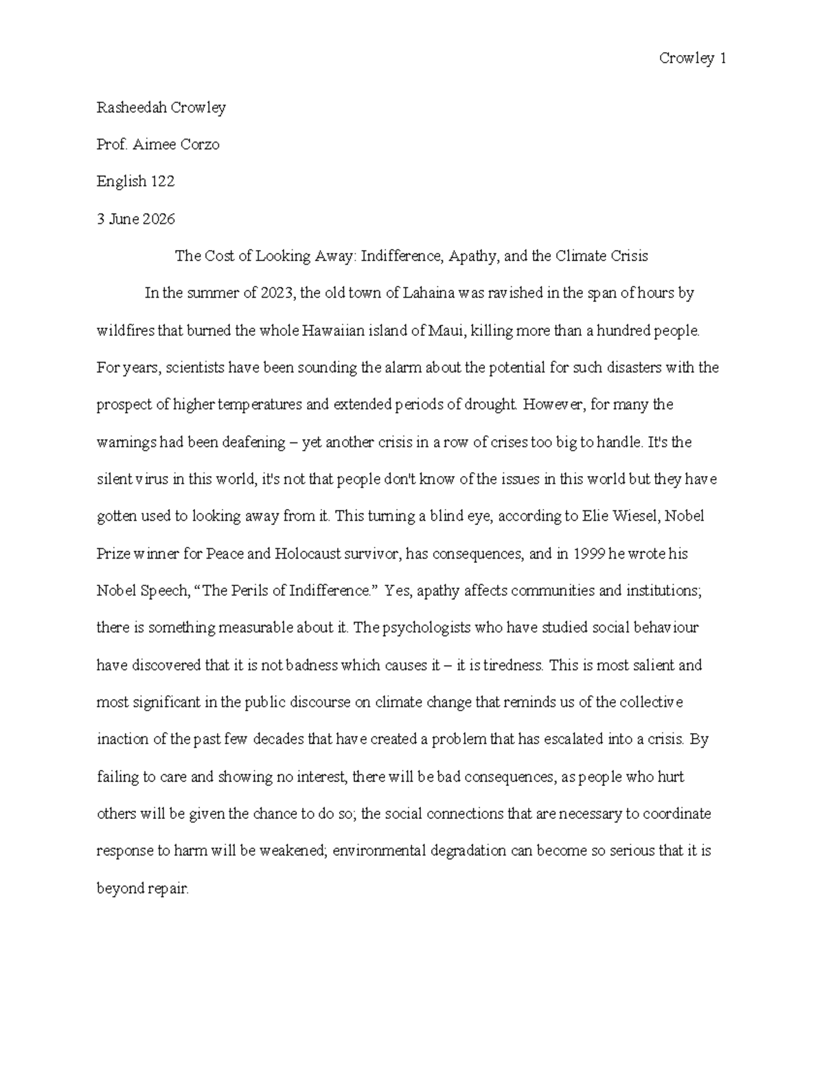 English 122 Synthesis Essay: Indifference and the Climate Crisis - Studocu