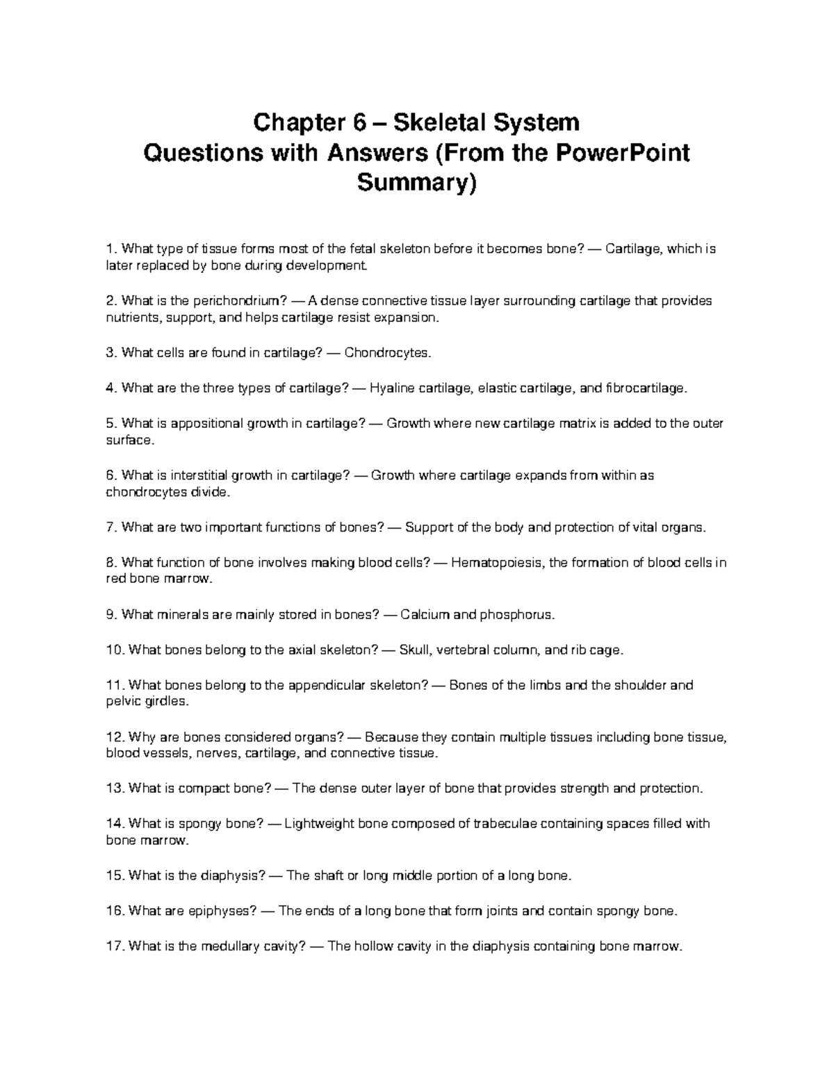 Chapter 6 Skeletal System Q&A: Key Concepts and Answers - Studocu