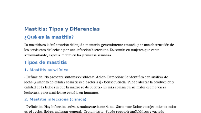 Mastitis: Tipos y Diferencias en la Inflamación Mamaria - Studocu