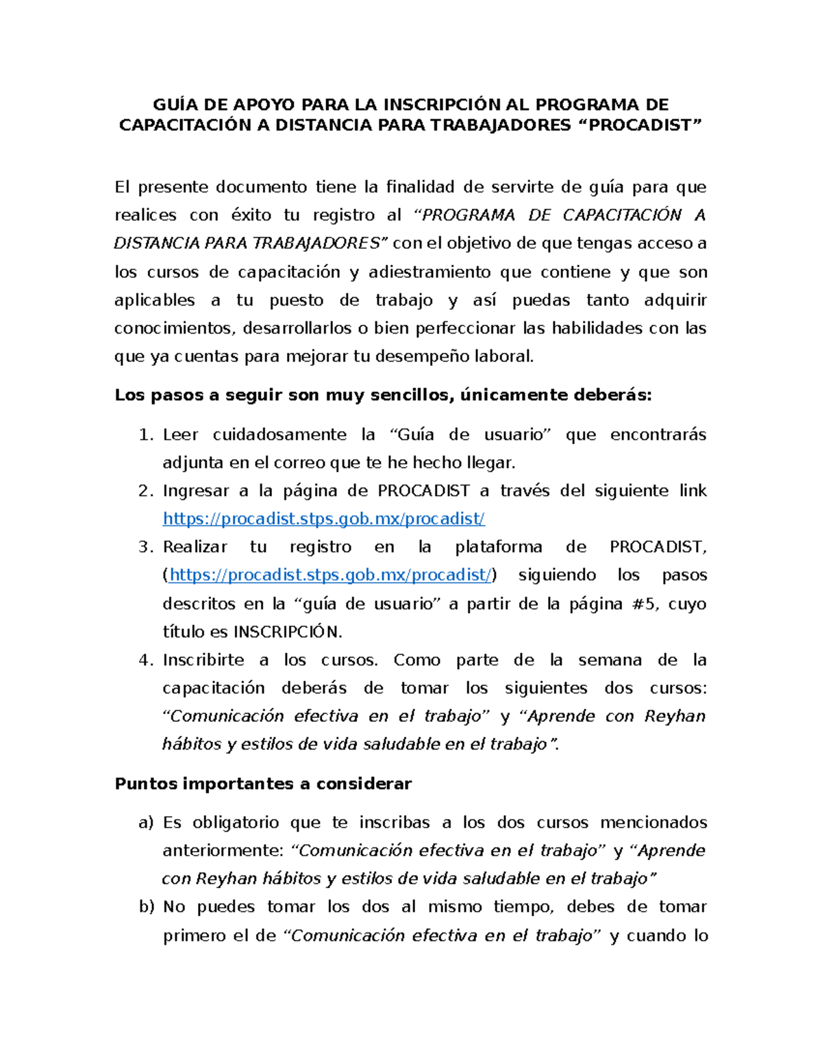 GUÍA DE INSCRIPCIÓN AL PROCADIST PARA CAPACITACIÓN A DISTANCIA - Studocu