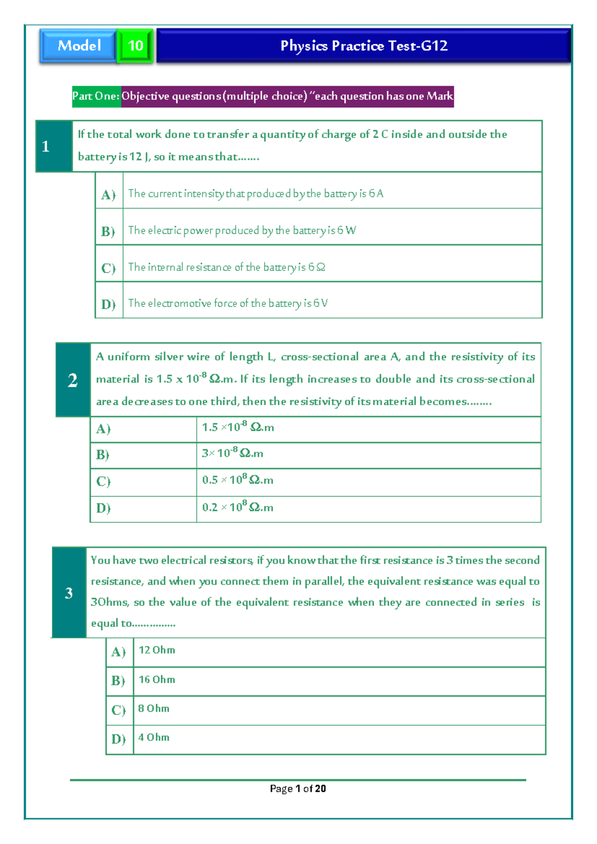 PHY EN 10 - Model 10 Physics Practice: Objective Questions & Answers ...