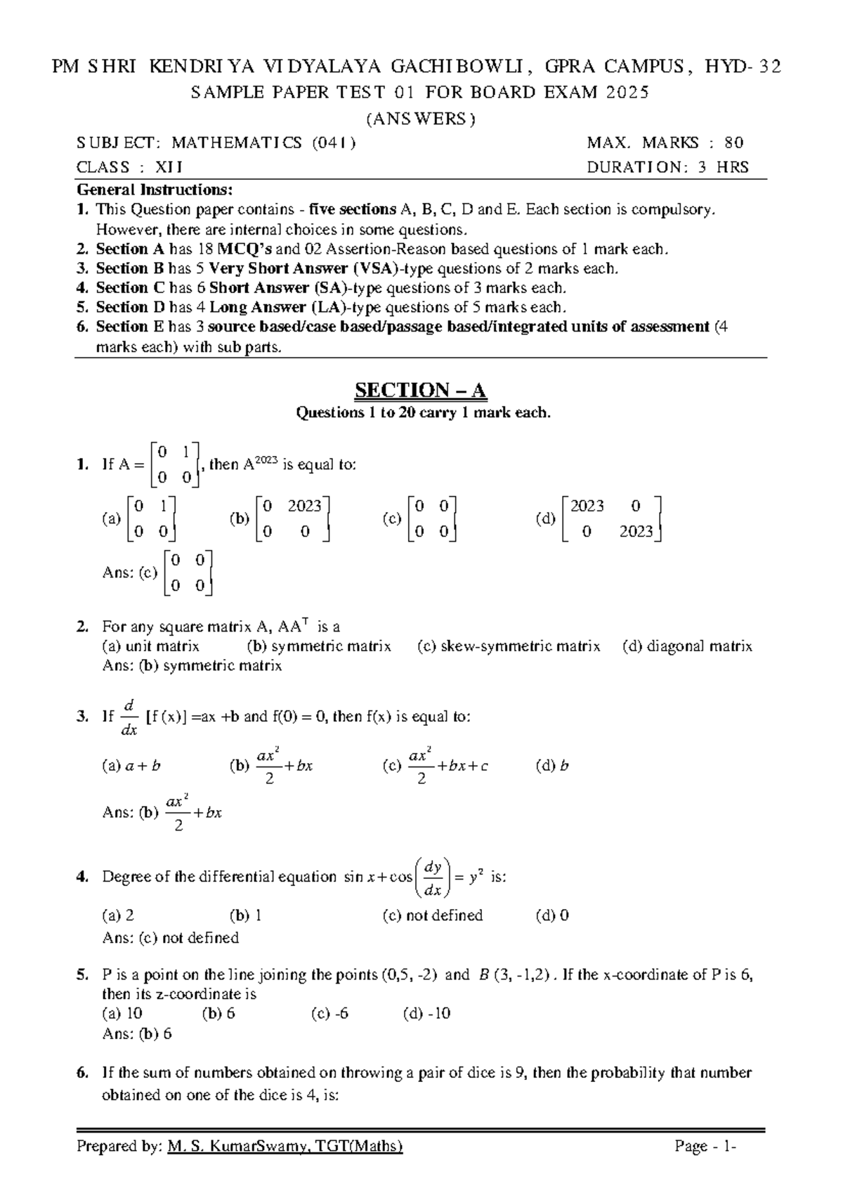Maths Class XII Sample Paper Test 01 for Board Exam 2025 (Answers ...