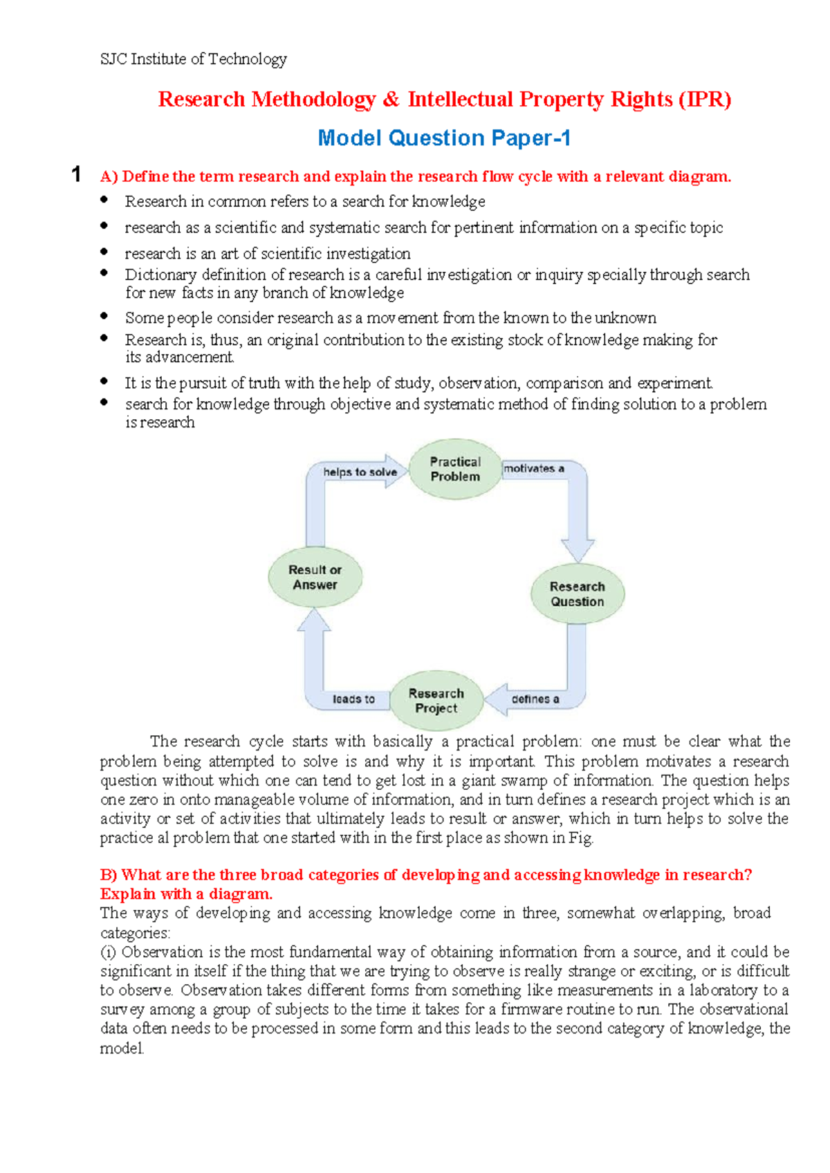 SJC Institute of Technology Research Methodology IPR Model Question ...