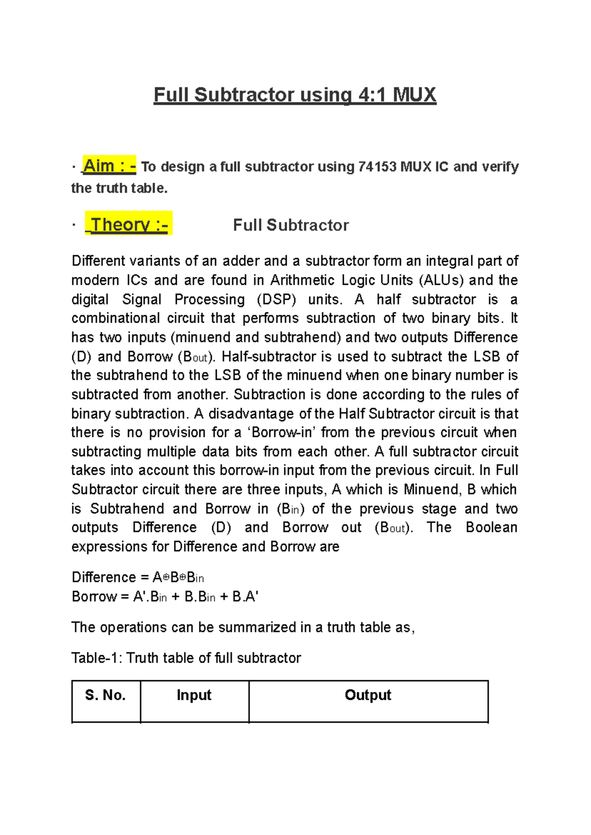 Full subtractor design using 74153 MUX: Theory and implementation - Studocu