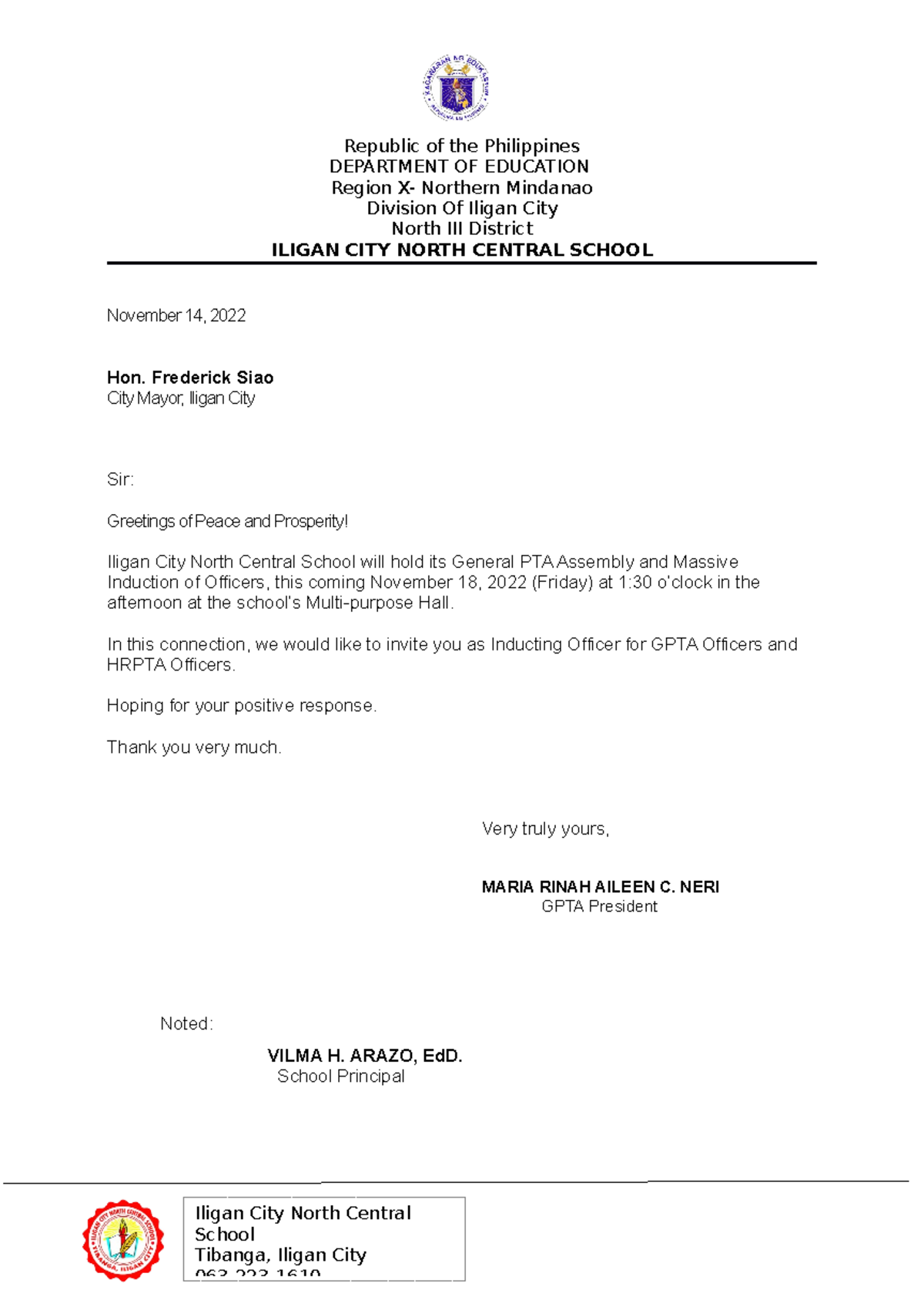 Invitation Letter for GPTA & HRPTA Induction Ceremony - Studocu