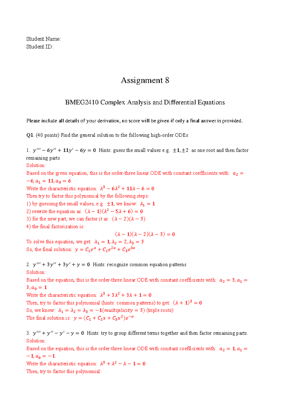 BMEG2410 Assignment 8: Complex Analysis & Differential Equations Solutions - Studocu